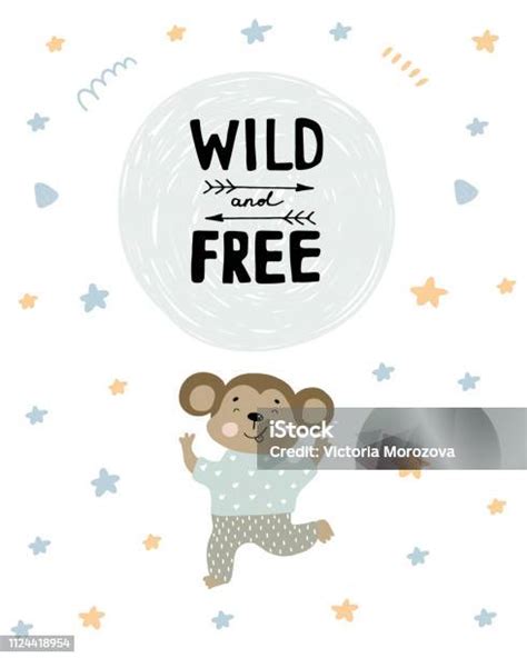 귀여운 원숭이 잠 옷에 손으로 그린 셰이프 배경에 야생 무료 텍스트와 그림을 춤 카드 포스터 보육 직물에 대 한 벡터 평면 만화 그림 스 칸디 나 비아 스타일입니다 귀여운에