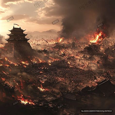 Ai创作图火烧望海楼 哭都城火 战火危城 楚烟 硝烟战火 战火硝烟 毁于兵火 火攻场景 战火连绵 古代战争场面 古代战争歼敌场景 宋代战争 虎门硝烟场景图 攻城场景 火烧连营 昵图网