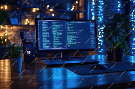 Modern Programmer Desk Setup Featuring Laptop and Multiple Screens with Source Code in Office ...