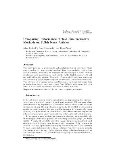 Comparing Performance Of Text Summarization Methods On Polish
