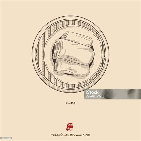 손으로 그린 벡터 딤섬 일러스트레이션 라이스 롤 빈티지 스타일 디자인 하프톤 점과 한 가지 색상으로 선으로 스케치되어 다양한 색상 배경에서 사용하기 쉽습니다 Rice