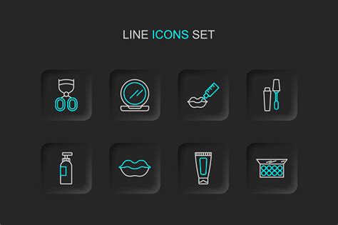 거울 크림 로션 화장품 튜브 웃는 입술 샴푸 병 마스카라 브러시 입술 확대 및 속눈썹 뷰러 아이콘이있는 세트 라인 메이크업 파우더 벡터 Charitable