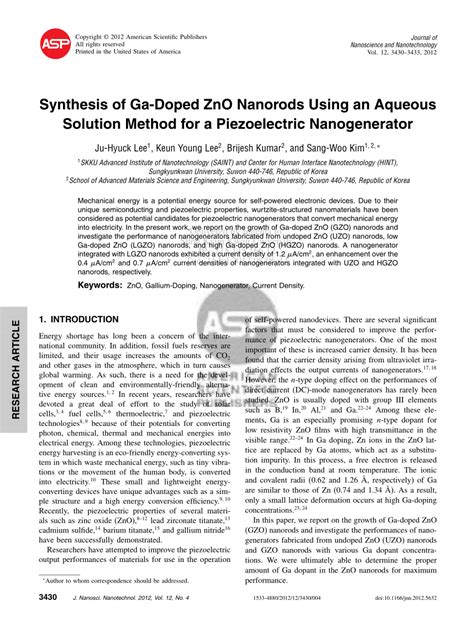 Pdf Synthesis Of Ga Doped Zno Nanorods Using An Aqueous Solution Method For A Piezoelectric