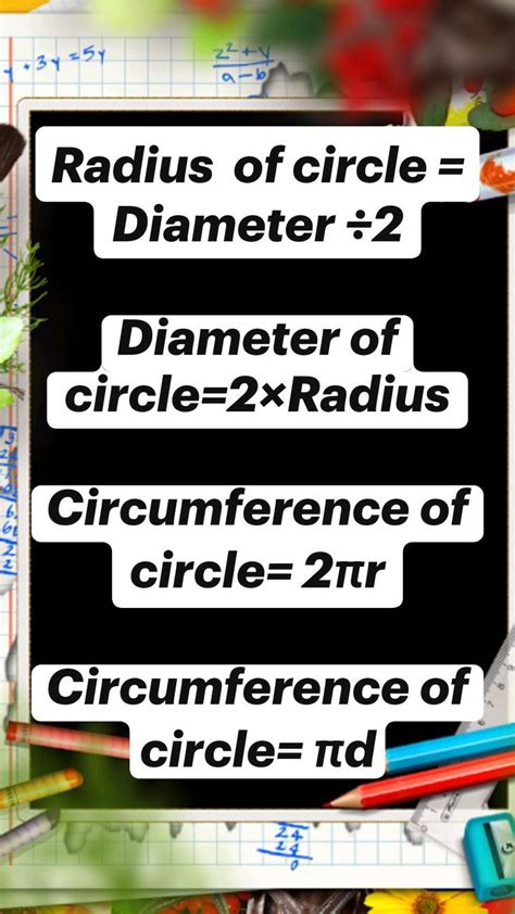 Radius of circle Diameter 2 Diameter of circle 2Radius Circumference of circle 2πr Circumf