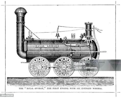 빅토리아 그림 권리 로얄 조지 첫 번째 엔진 6 결합 된 바퀴 증기 수송 역사 19세기에 대한 스톡 벡터 아트 및 기타 이미지 19세기 19세기 스타일 고풍스런