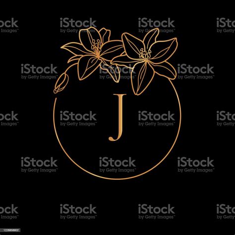 최소한의 선형 스타일로 문자 J와 골드 프레임 템플릿 릴리 꽃과 모노그램 개념 벡터 플로럴 로고 0명에 대한 스톡 벡터 아트 및