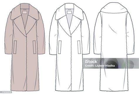 인조 모피 코트 테크니컬 패션 일러스트레이션 오버사이즈 모피 코트 패션 플랫 기술 도면 템플릿 미디 길이 테디 모피 주머니 전면 및 후면보기 흰색 브라운 색상 여성 남성