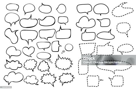 그려진 음성 거품의 벡터 집합입니다 낙서 스타일을 스케치합니다 음성 구름은 단선과 파선선으로 그려지고 모양이 다릅니다 그리기에 대한 스톡 벡터 아트 및 기타 이미지 Istock