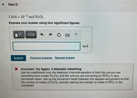 Solved Part D 1 014 X 10 3 Mol N2o5 Express Your Answer