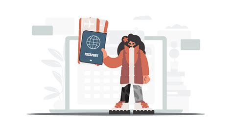 홍수에 휩싸인 아가씨는 비자를 들고 손에 든 티켓을 봅니다 휴식과 여행의 개념 트렌디한 스타일 벡터 일러스트레이션 개념에 대한 스톡 벡터 아트 및 기타 이미지 Istock