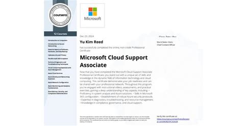 Completion Certificate For Microsoft Cloud Support Associate Yu Kim R