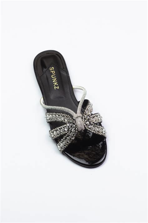 Spunkz Kali Crystal Embellished Black Flat Slides