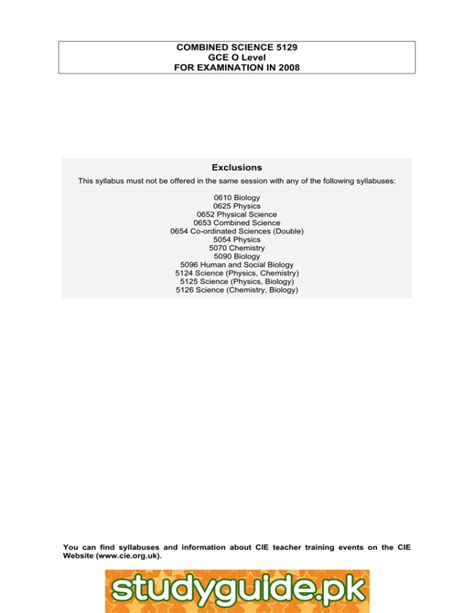 Combined Science 5129 Gce O Level For Examination In 2008
