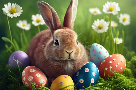 Cute Easter Bunny In Grass And Daisy Flowers Nest With Colorful Easter
