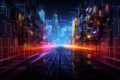 Premium Ai Image Digital Data Flow With Bright Neon Lights Futuristic Data Communication Concept