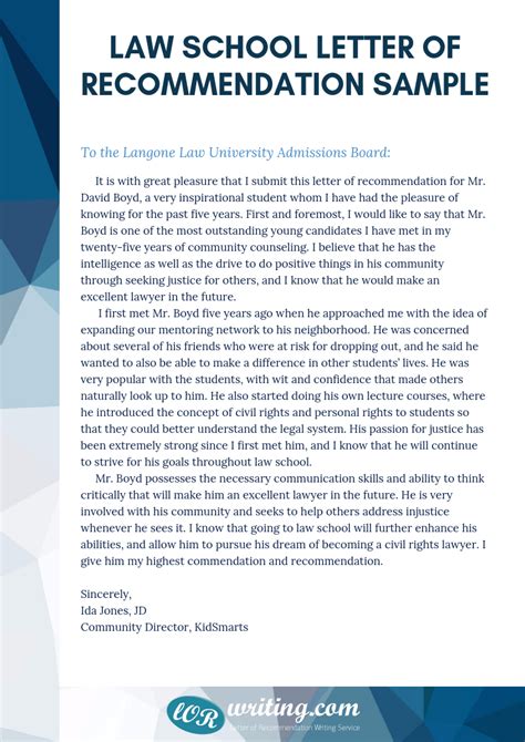 Professional Law School Letter Of Recommendation Sample