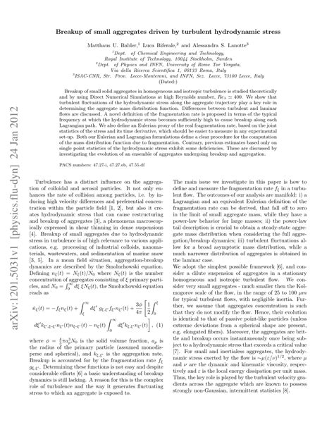 Pdf Breakup Of Small Aggregates Driven By Turbulent Hydrodynamic Stress