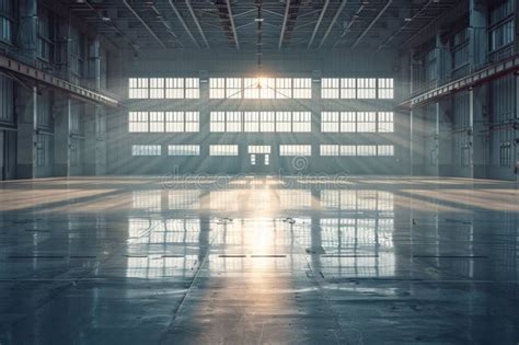 Massive Empty Airplane Hangar With Sunlight Streaming Through Windows