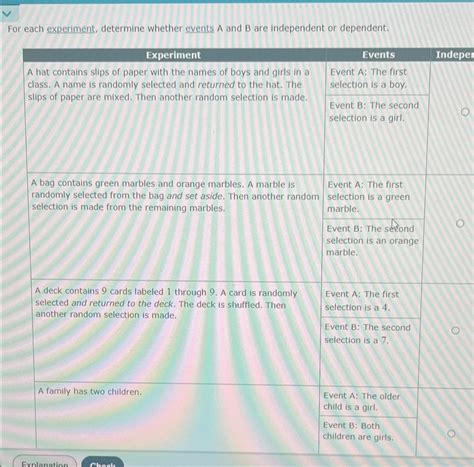 Solved For Each Experiment Determine Whether Events A And B Chegg Com