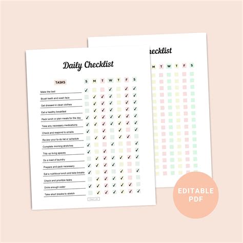 Editable Daily Checklist Weekly Checklist Daily Task Weekly To Do List To Do List Daily