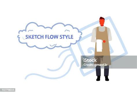 전문적인 남자 웨이터 수건 서 포즈 레스토랑 직원 전문 직업 개념 남성 만화 캐릭터 전체 길이와 수평 흐름 스타일 스케치 레스토랑에 대한 스톡 벡터 아트 및 기타 이미지