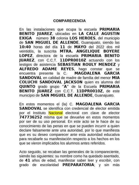Ejemplo De Comparecencia Pdf
