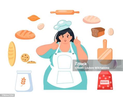 유니폼을 입고 주방 용품을 들고 있는 행복한 뚱뚱한 여성 요리사 벡터 일러스트 레이 션 가방에 대한 스톡 벡터 아트 및 기타