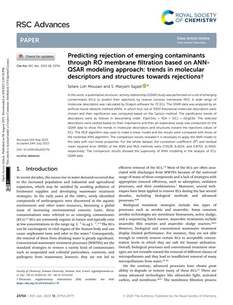 Pdf Predicting Rejection Of Emerging Contaminants Through Ro Membrane