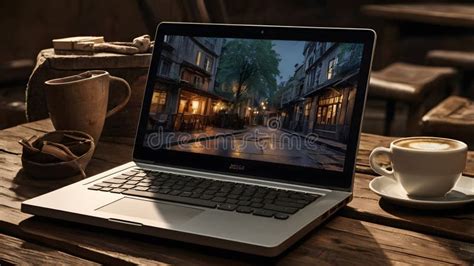 Laptop Computer Monitor Technology In The Cafe With Coffee Stock Illustration Illustration Of