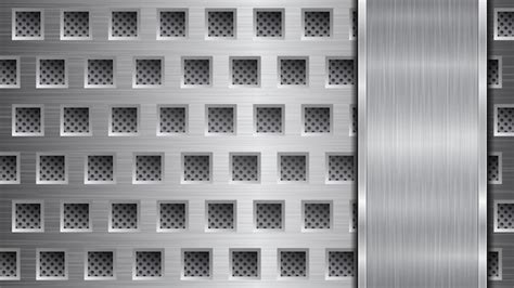 구멍이 있는 천공된 금속 표면과 금속 질감 눈부심 및 반짝이는 가장자리가 있는 오른쪽에 있는 하나의 수직 광택 플레이트로 구성된 은색 및 회색 배경 프리미엄 벡터