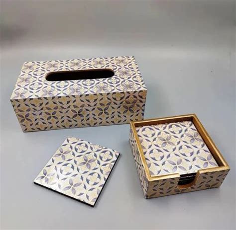 Mdf Wood Rectangular Wooden Tissue Coaster Set For Home Size 6x4x2