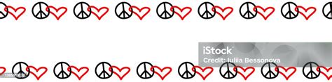 평화와 사랑 평화주의 군축 세계 평화의 국제 상징과 벡터 테두리 간단한 수평 상단과 하단 테두리 장식 낙서 플랫 스타일의 매끄러운 패턴 Hippiefest에 대한 스톡 벡터