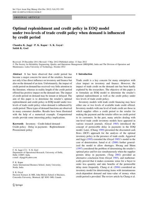 Pdf Optimal Replenishment And Credit Policy In Eoq Model Under Two