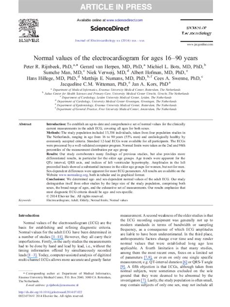 Pdf Normal Values Of The Electrocardiogram For Ages 1690years Cees