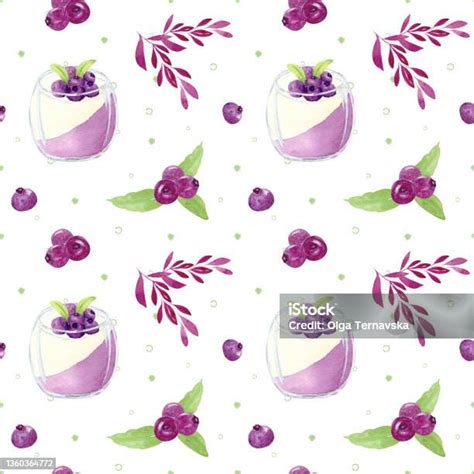 수채화 매끄러운 패턴 수채화 블루 베리 디저트 블루베리와 크림을 잔에 곁들인 젤리 손 도면 과일에 대한 스톡 벡터 아트 및 기타 이미지 Istock