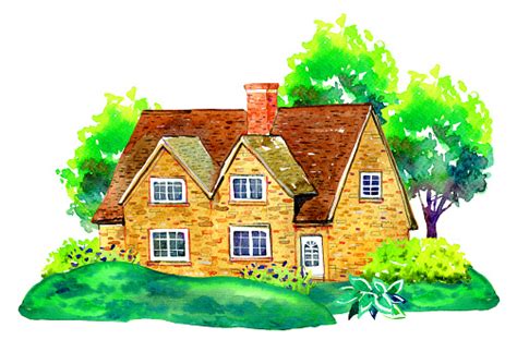 컨트리 하우스와 장면 잔디밭에 나무와 식물 수채화 오래 된 돌 유럽 집입니다 손으로 그린 그림 마을에 대한 스톡 벡터 아트 및