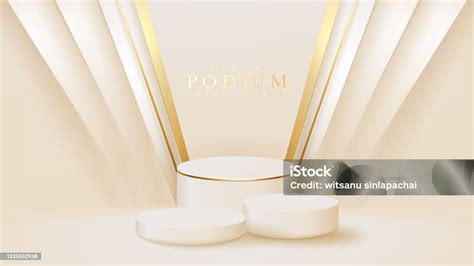 사실적인 흰색 디스플레이는 황금 대각선 장면 프로모션 판매 및 마케팅을위한 제품을 보여주는 연단스탠드 럭셔리 스타일 배경 3d 벡터 그림입니다 3차원 형태에 대한 스톡 벡터