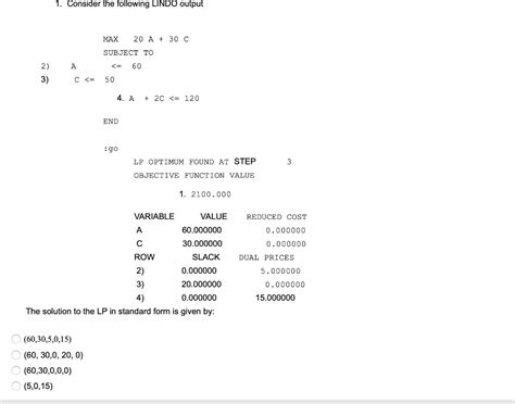 1 Consider The Following LINDO Output MAX 20 A 30 Chegg Com