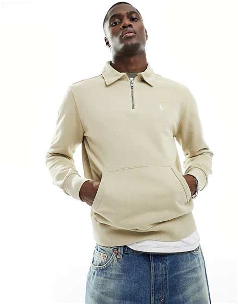 Polo Ralph Lauren Icon Logo Loopback Terry Half Zip Sweatshirt In Beige