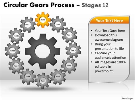 Circular Gears Process Stages PowerPoint Slide Template Presentation Templates PPT Layout