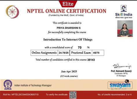 Earned Iot Certificate From Nptel Priya Dharshini S Posted On The