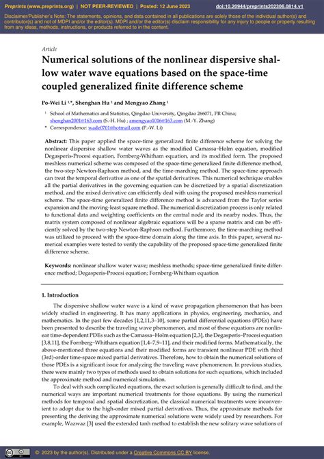PDF Numerical Solutions Of The Nonlinear Dispersive Shallow Water Wave Equations Based On The