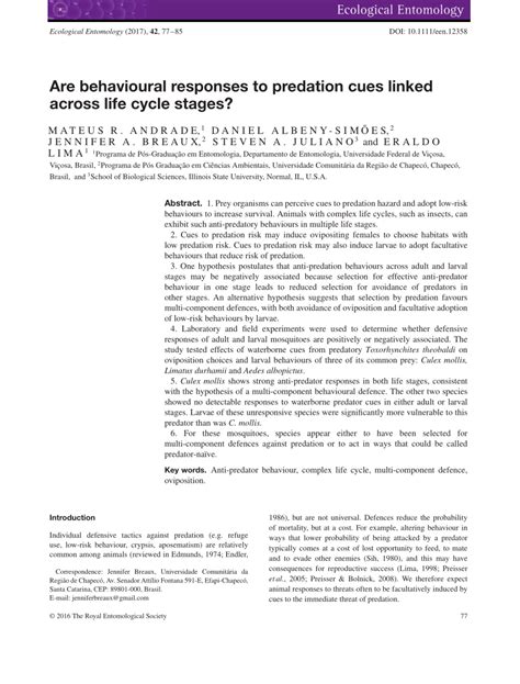 Pdf Are Behavioural Responses To Predation Cues Linked Across Life Cycle Stages Associated