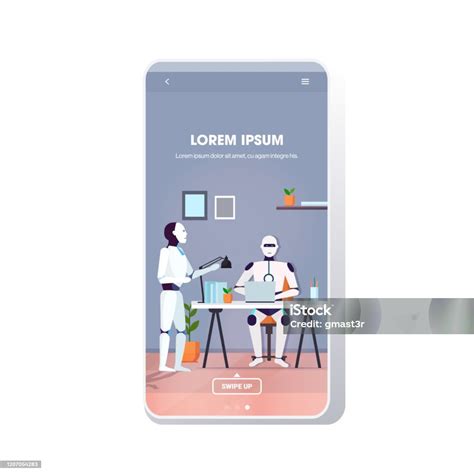 직장 인공 지능 기술 개념 현대 사무실 인테리어 스마트 폰 화면 모바일 앱 전체 길이 복사 공간에서 노트북 로봇 동료 브레인