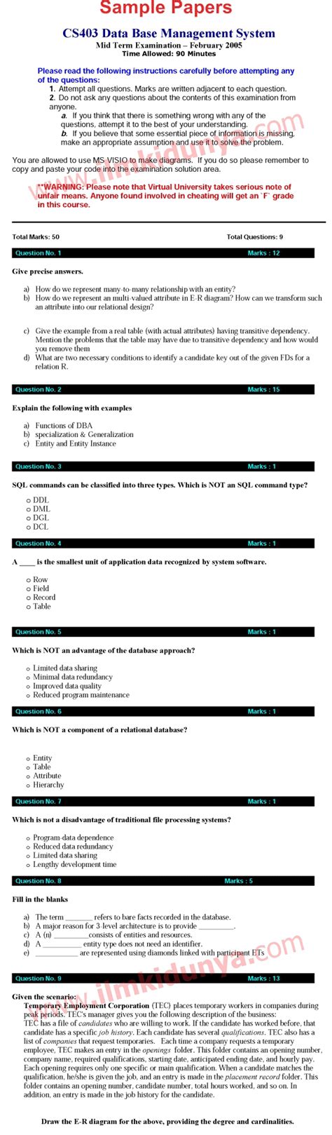 Cs403 Database Management Systems Mcs Vu University Past Papers 2005