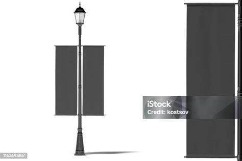 빈 검은 색 롤업 모형 흰색 배경의 가로등 기둥에 빈 포스터 템플릿 거리 표지판 간판 3d 렌더링 간판에 대한 스톡 사진 및