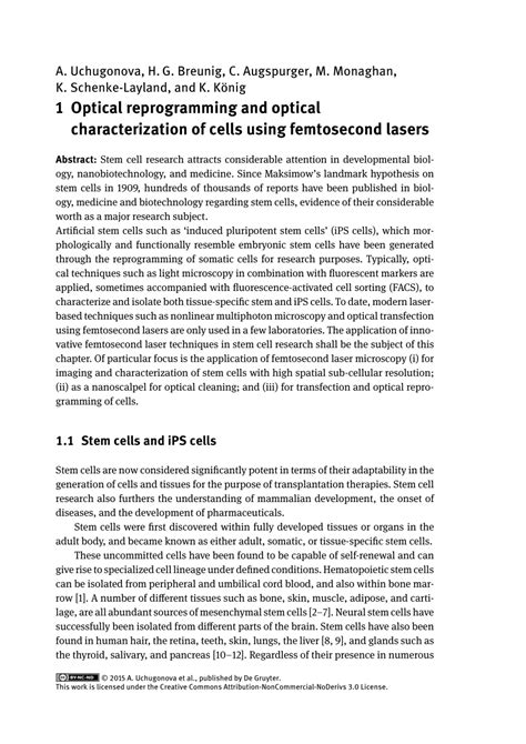 Pdf Optical Reprogramming And Optical Characterization Of Cells Using Femtosecond Lasers