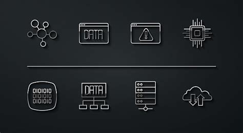 Set Line Mind Map Infographic Binary Code Processor Cpu Server Data Analysis Cloud Download And