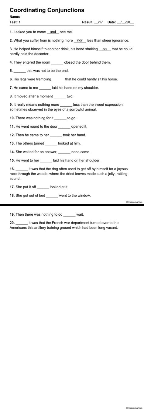 Coordinating Conjunctions Worksheets With Answers Conjunction