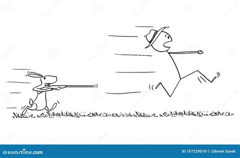 vector cartoon of man or hunter running in fear away and rabbit or hare